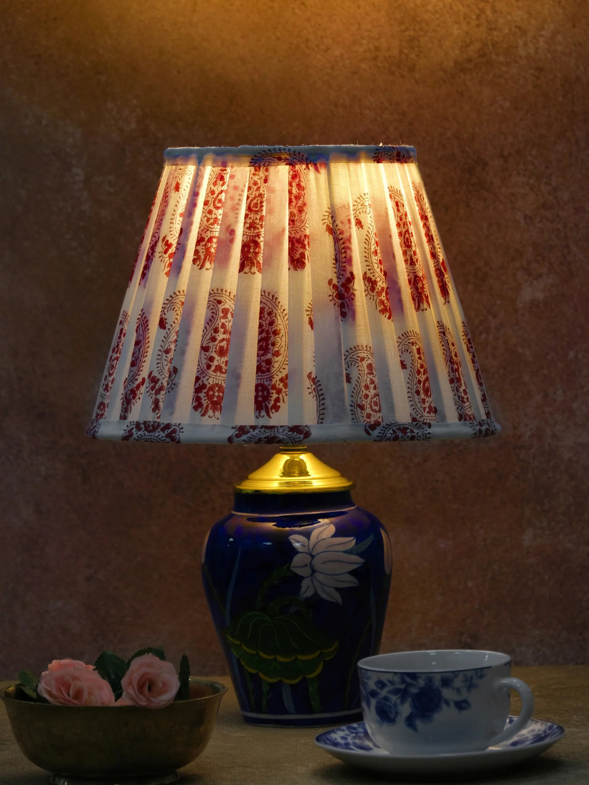 Red Paisley Block Print Pleated Empire Lampshade | Inara Home